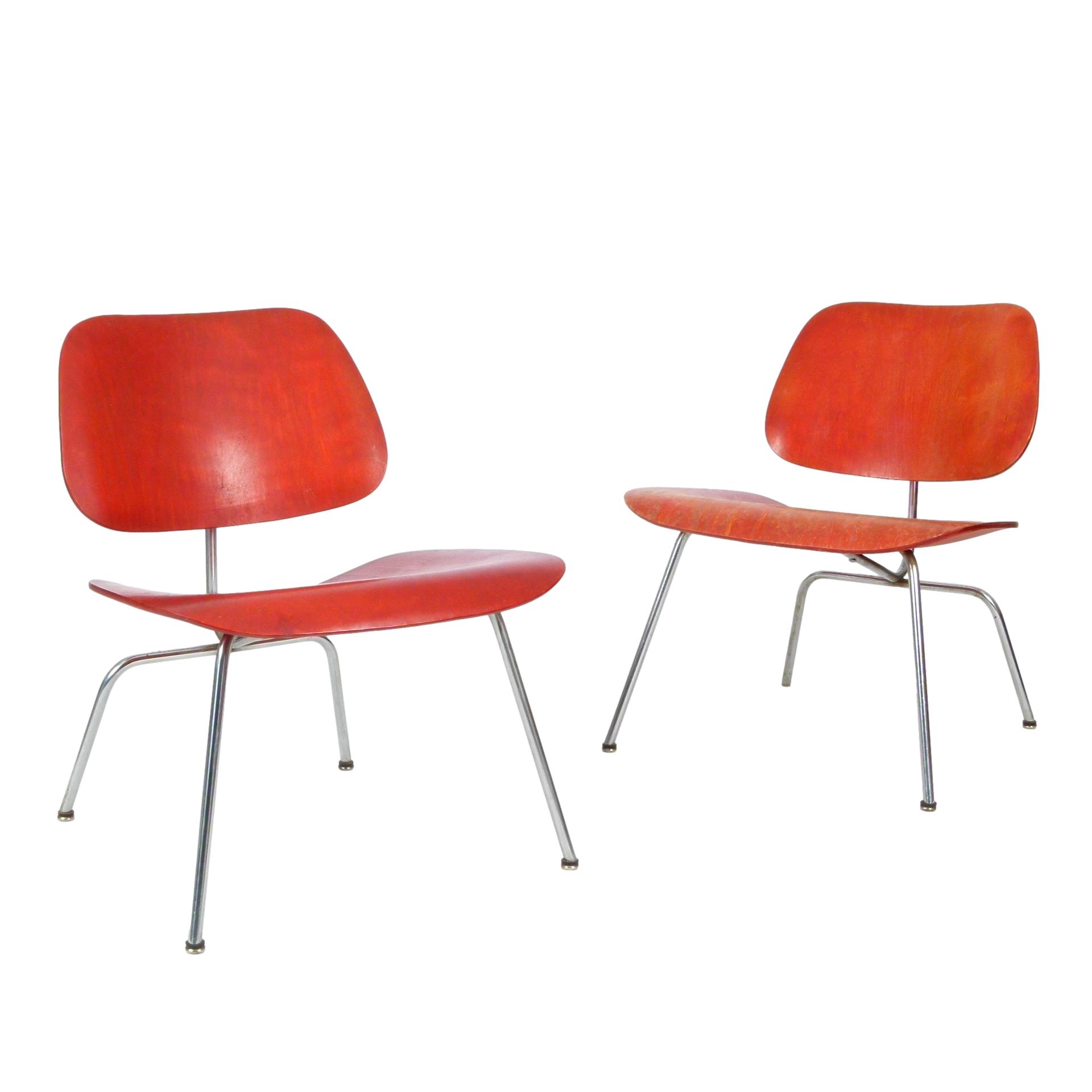 Pair of Early 1950s Eames Red "LCM" Lounge Chairs at City Issue Atlanta
