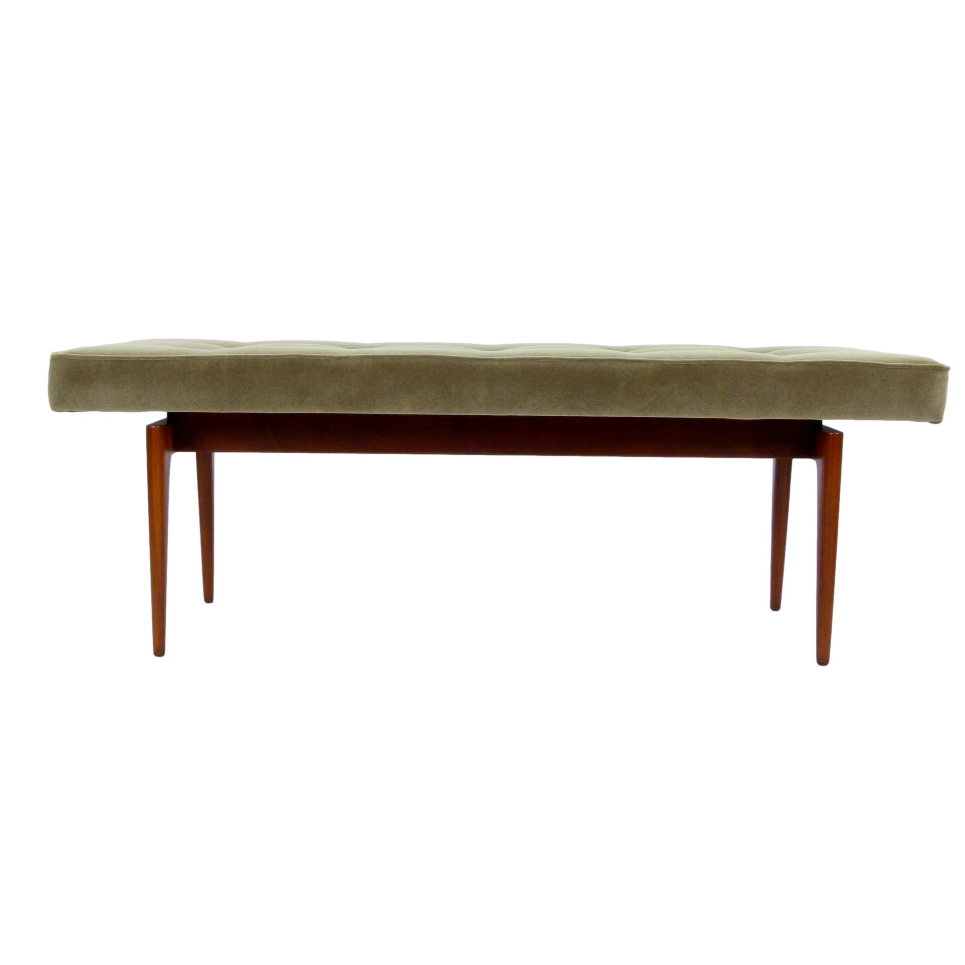 1960s Velvet Bench with Sculptural Walnut Base at City Issue Atlanta