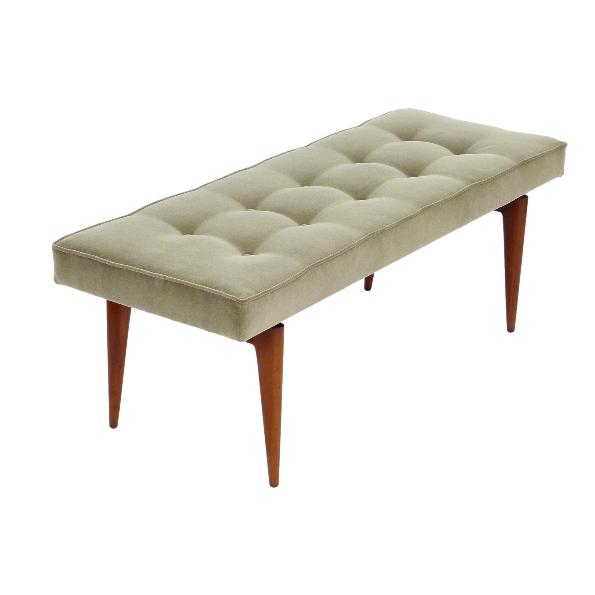 1960s Velvet Bench with Sculptural Walnut Base at City Issue Atlanta