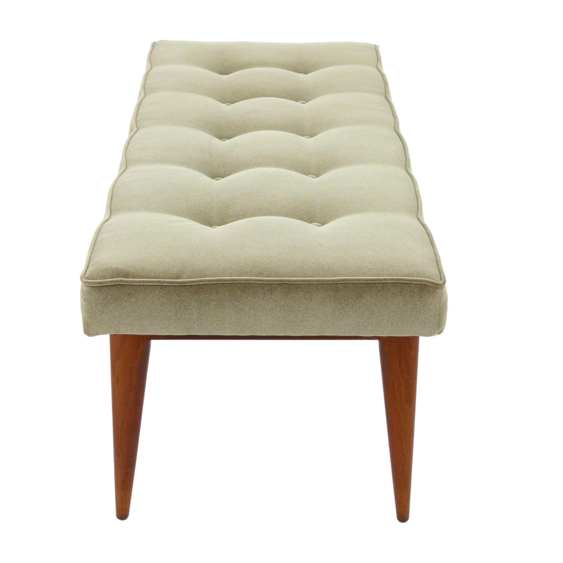 1960s Velvet Bench with Sculptural Walnut Base at City Issue Atlanta